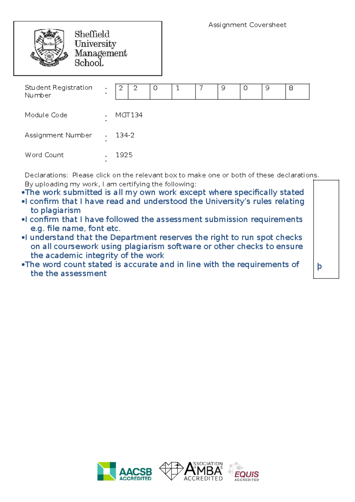 MGT 134 - Individual Assignment Coversheet and Analysis of Train ...
