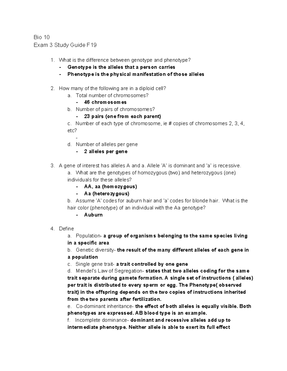 Bio 10 Exam 3 Study Guide: Genetics, Evolution, and Ecosystems - Studocu