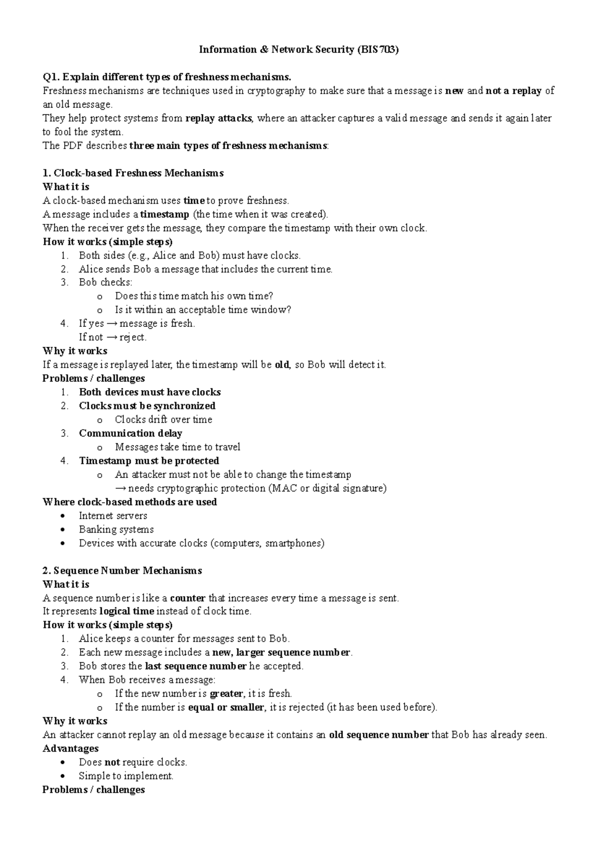 Freshness Mechanisms in Cryptography: BIS703 Study Notes - Studocu