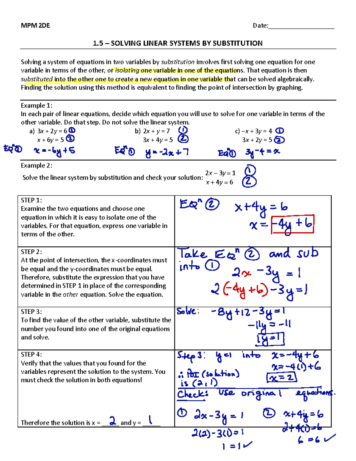 Solving Linear Systems by Substitution - MPM 2DE Worksheet 1.5 Guide ...