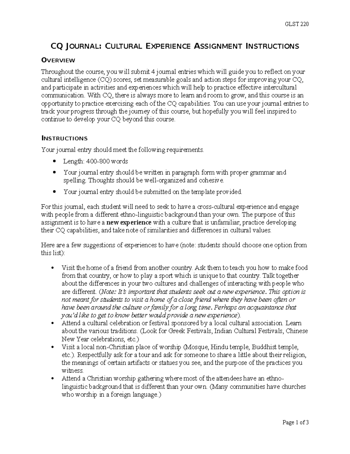 CQ Journal Cultural Experience Assignment Instructions - GLST 220 CQ ...