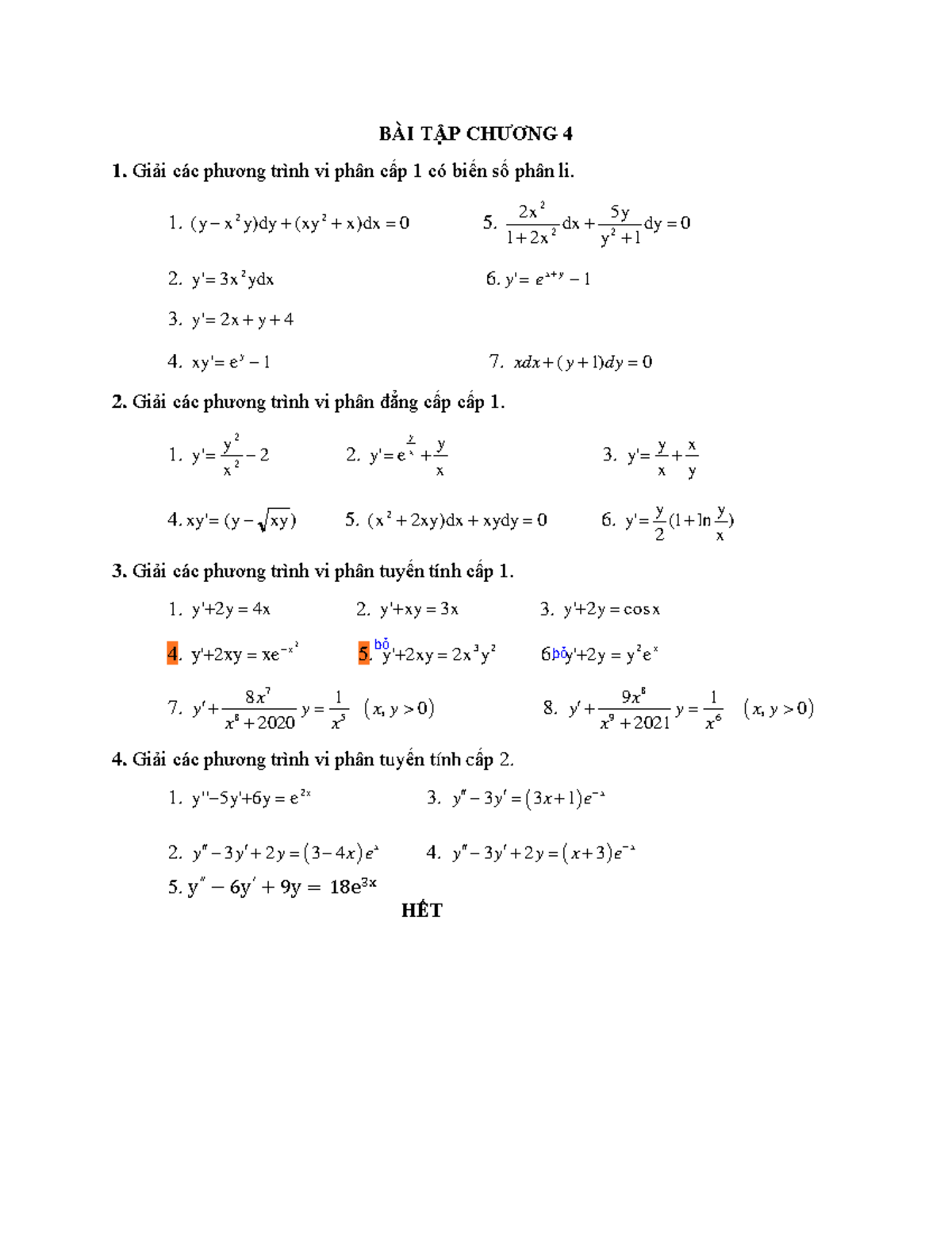 BÀI TẬP CHƯƠNG 4: Giải Phương Trình Vi Phân Cấp 1 và 2 - Studocu