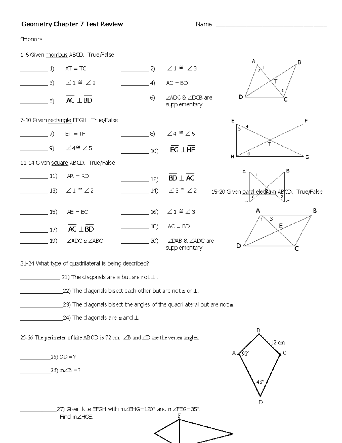 Review Guide For Geometry - Geometry Chapter 7 Test Review Name