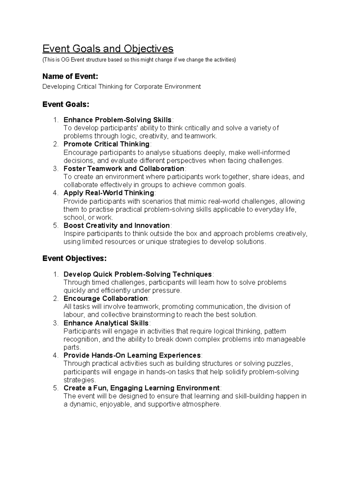 Event Goals and Objectives - Event Goals and Objectives (This is OG ...