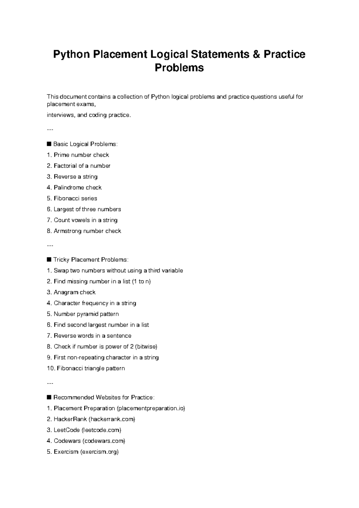 Python Placement Logical Statements Practice Problems - Studocu