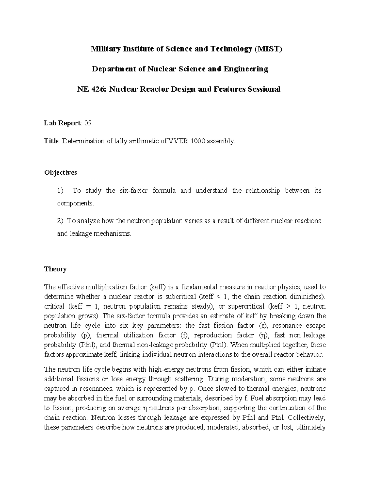 NE 426: Lab Report 05 - Tally Arithmetic of VVER Assembly in Reactor ...