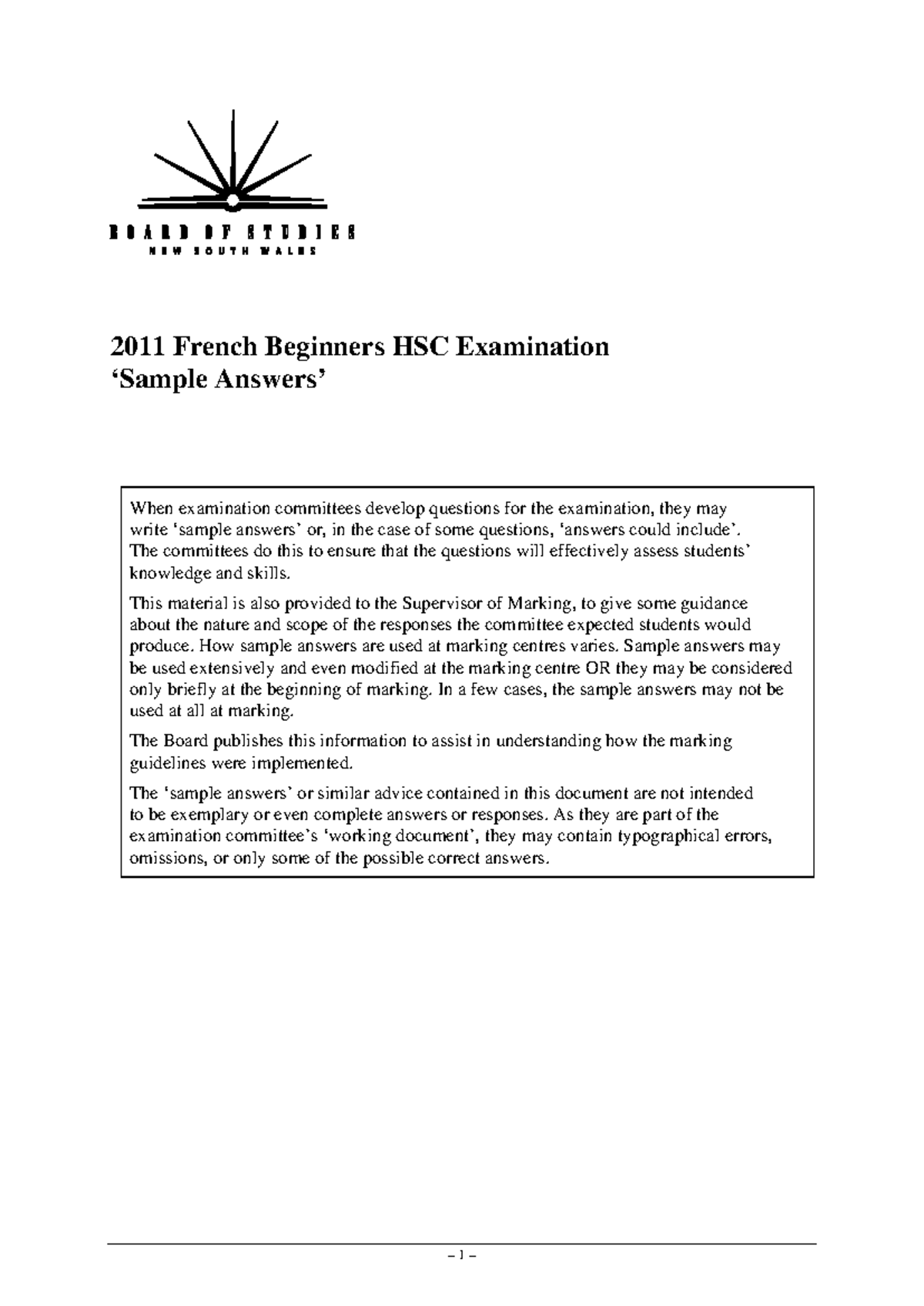 2011 French Beginners HSC Exam Sample Answers and Guidance - Studocu