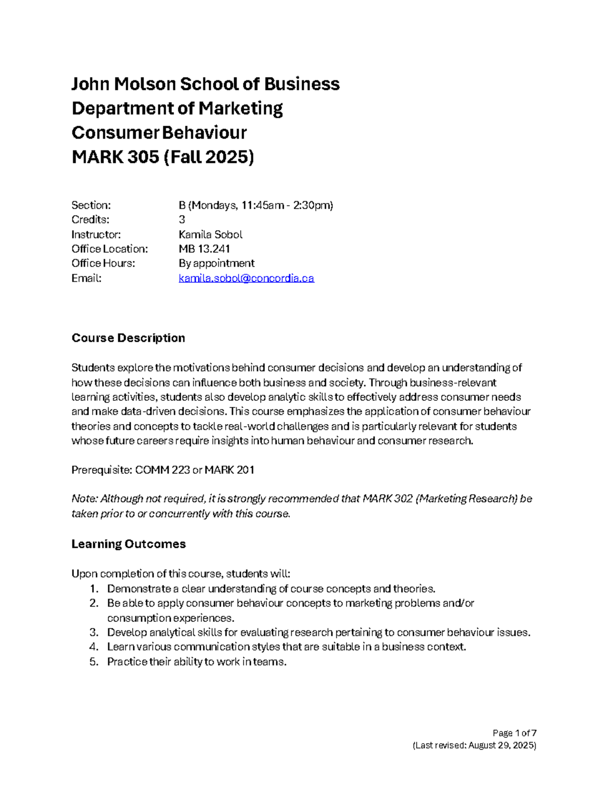 MARK 305 (Fall 2025) Consumer Behaviour Course Outline - Studocu