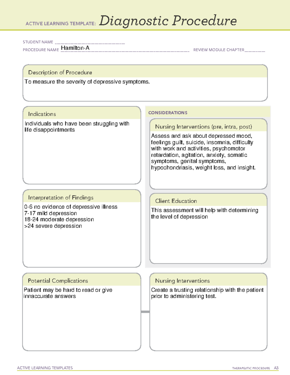 Hamilton-A Diagnostic Procedure for Assessing Depressive Symptoms - Studocu