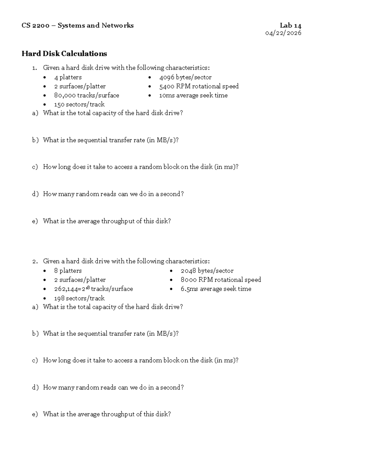 CS 2200 Lab 14 Worksheet - Hard Disk Calculations and Analysis - Studocu