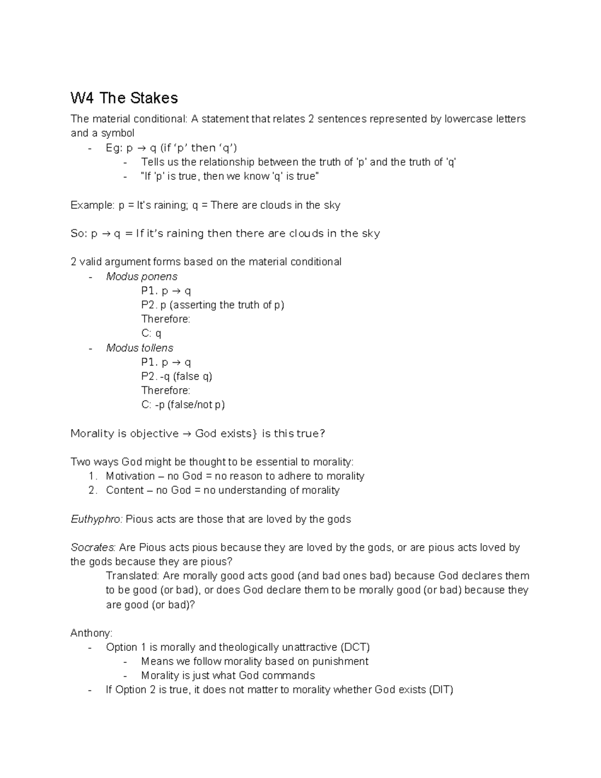 1020 W4 - Material Conditional and Morality Discussion - Studocu