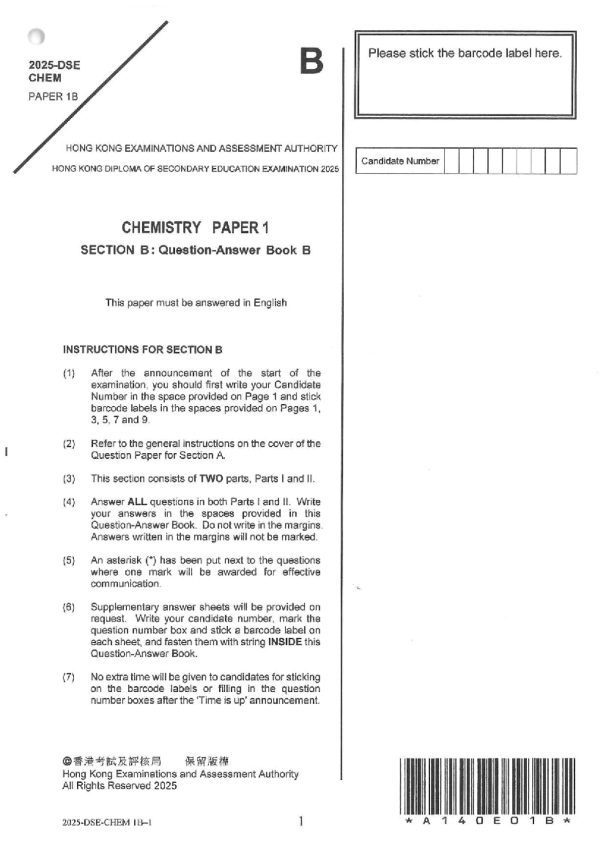 CHEM 2025 P1B - Hong Kong Diploma Chemistry Exam Paper 1 - Studocu