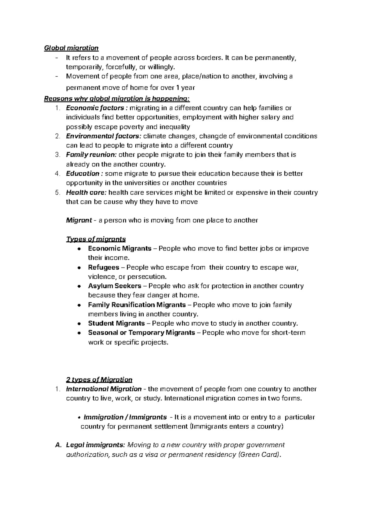 Global Migration: Causes, Types, and Effects - Notes - Studocu