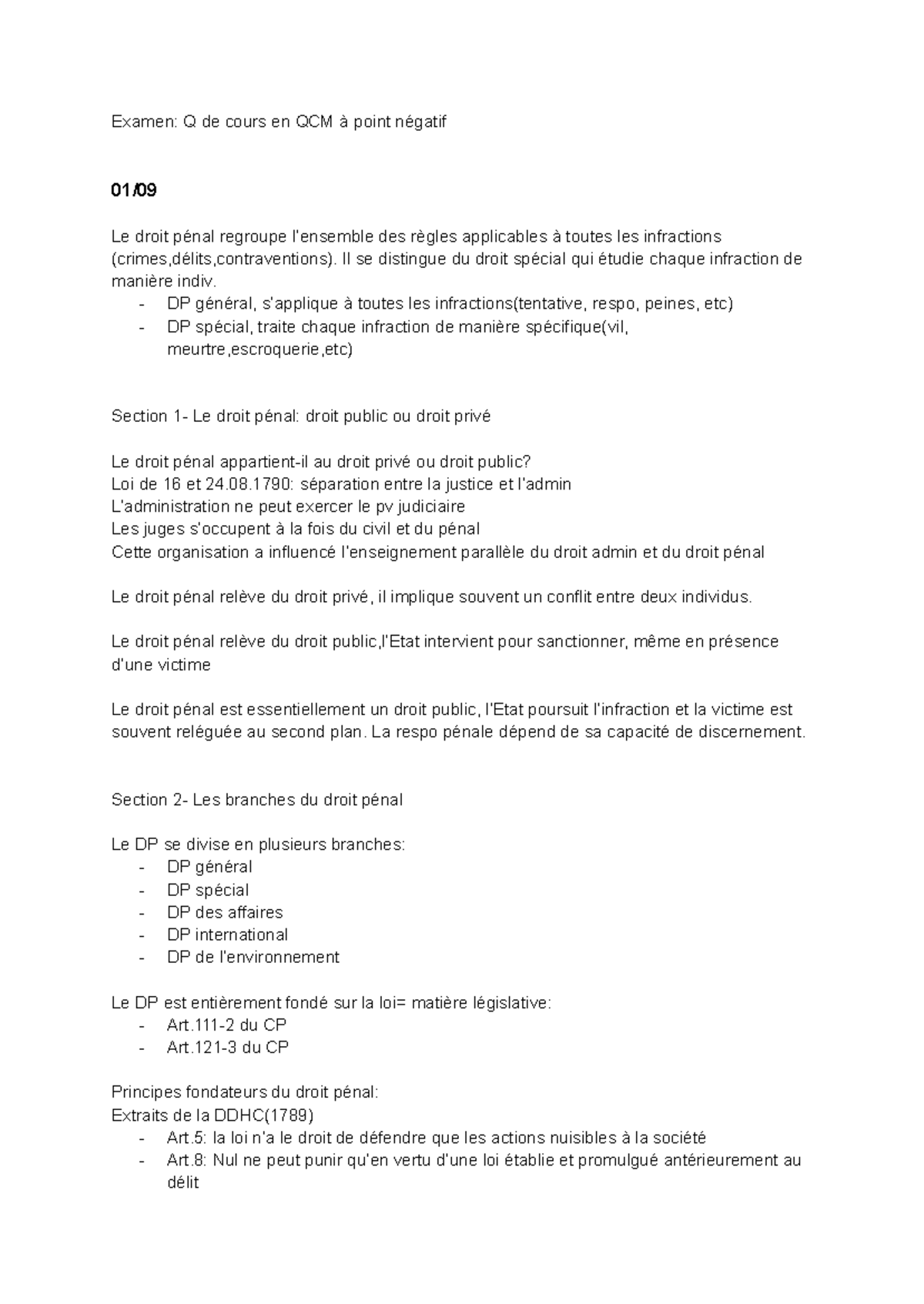 Droit Pénal: Examen QCM à Point Négatif - S1 Droit - Studocu