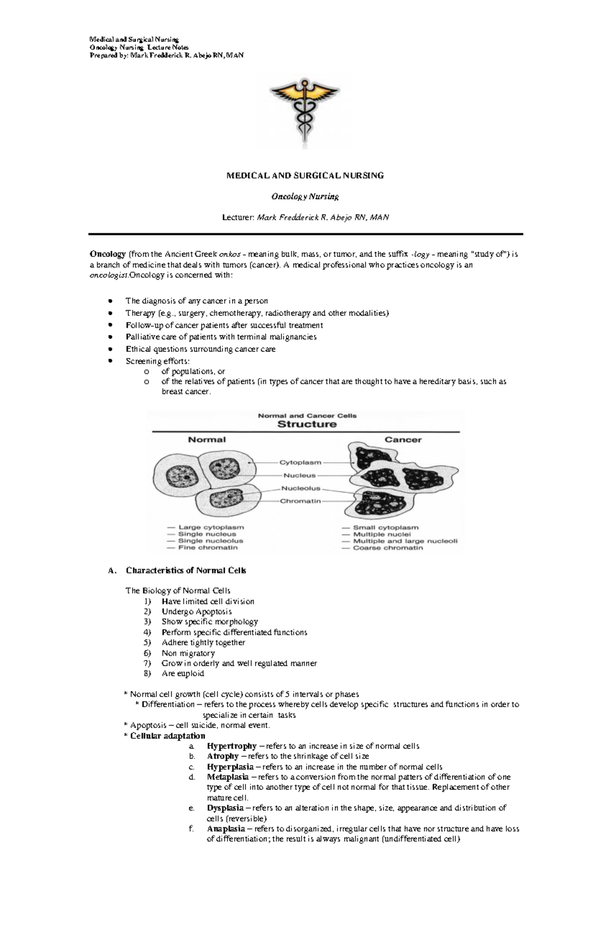 Oncology Nursing Lecture Notes - MED 101: Understanding Cancer Dynamics ...