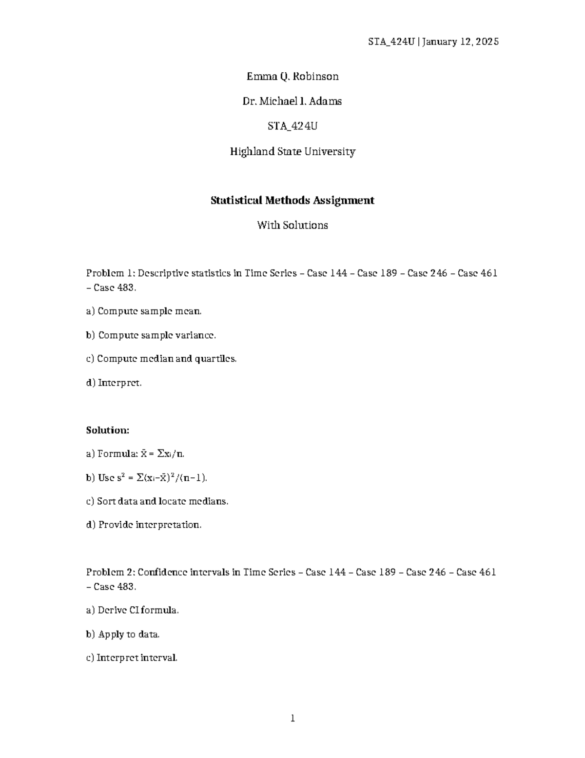 STA_424U Statistical Methods Assignment Solutions - Time Series ...