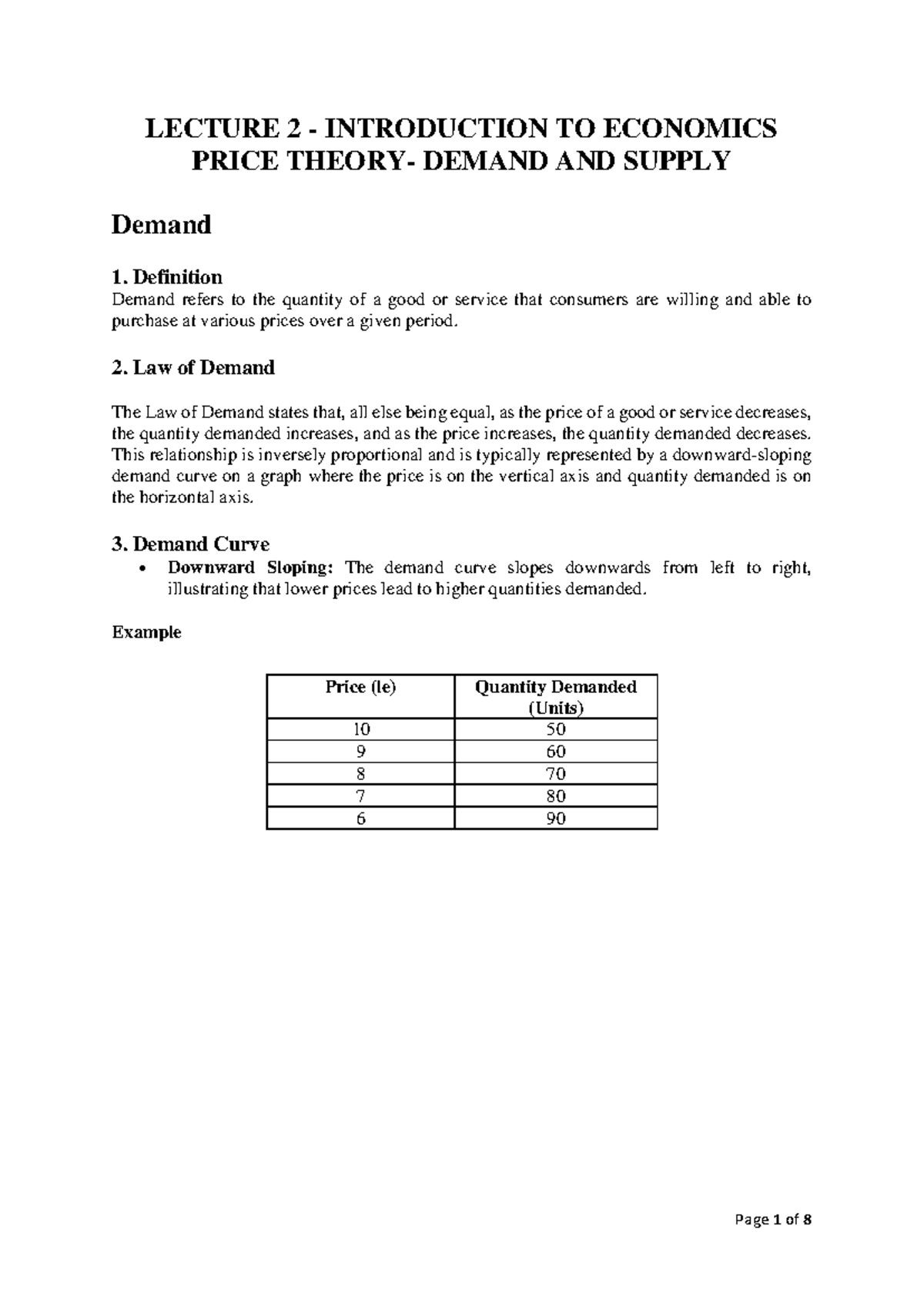 LECTURE 2 - INTRO TO ECONOMICS: DEMAND & SUPPLY ANALYSIS - Studocu