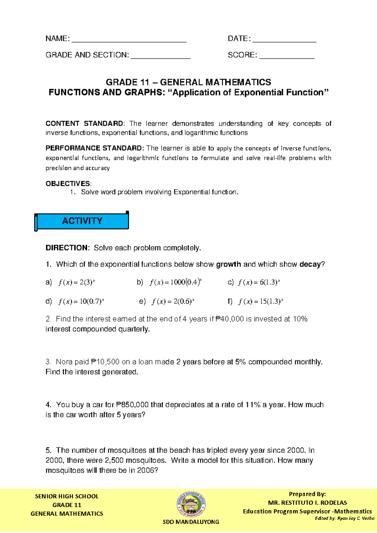 Activity Sheet 14 Gr.11 Application of Exponential Function (Word ...