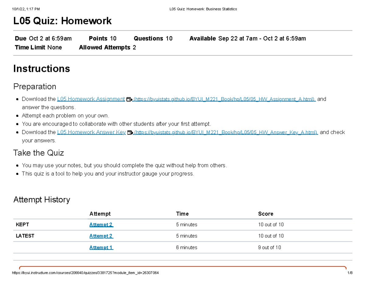 L05 Homework Quiz: Business Statistics Insights and Analysis - Studocu