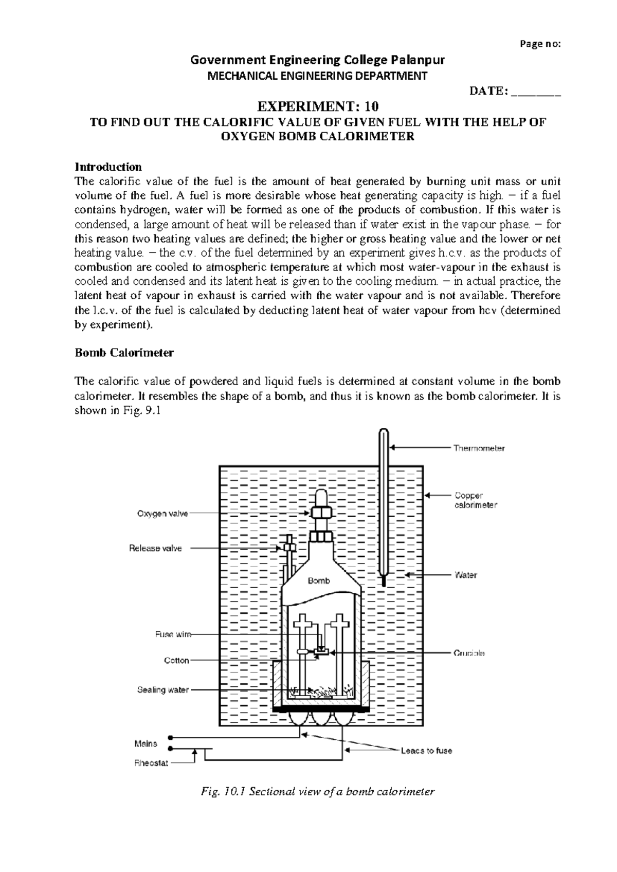 Practical 10: Determining Fuel Calorific Value Using Bomb Calorimeter ...