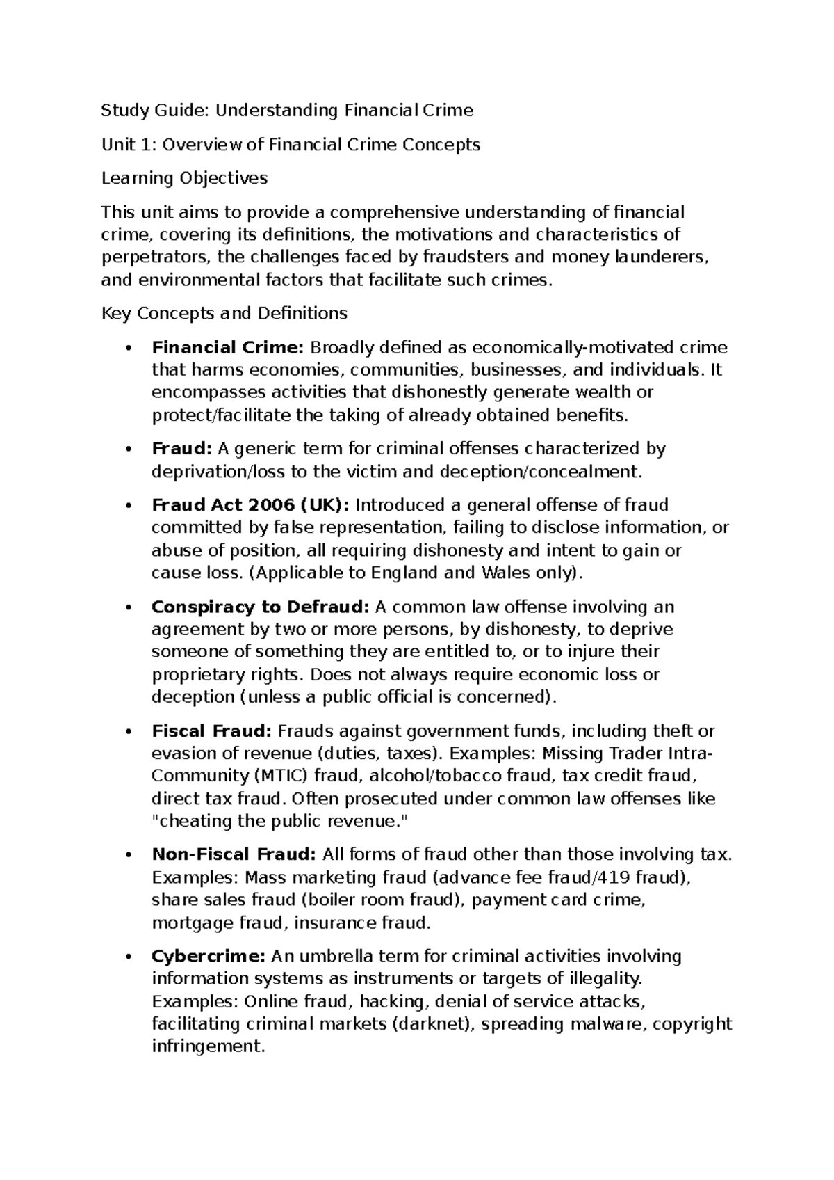Study Guide: Understanding Financial Crime (Unit 1) - Studocu