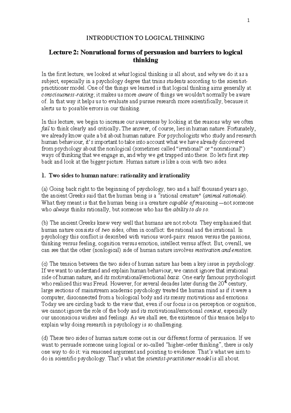 Logic Lect 2 Lecture Notes Introduction To Logical Thinking Lecture 2 Nonrational Forms Of