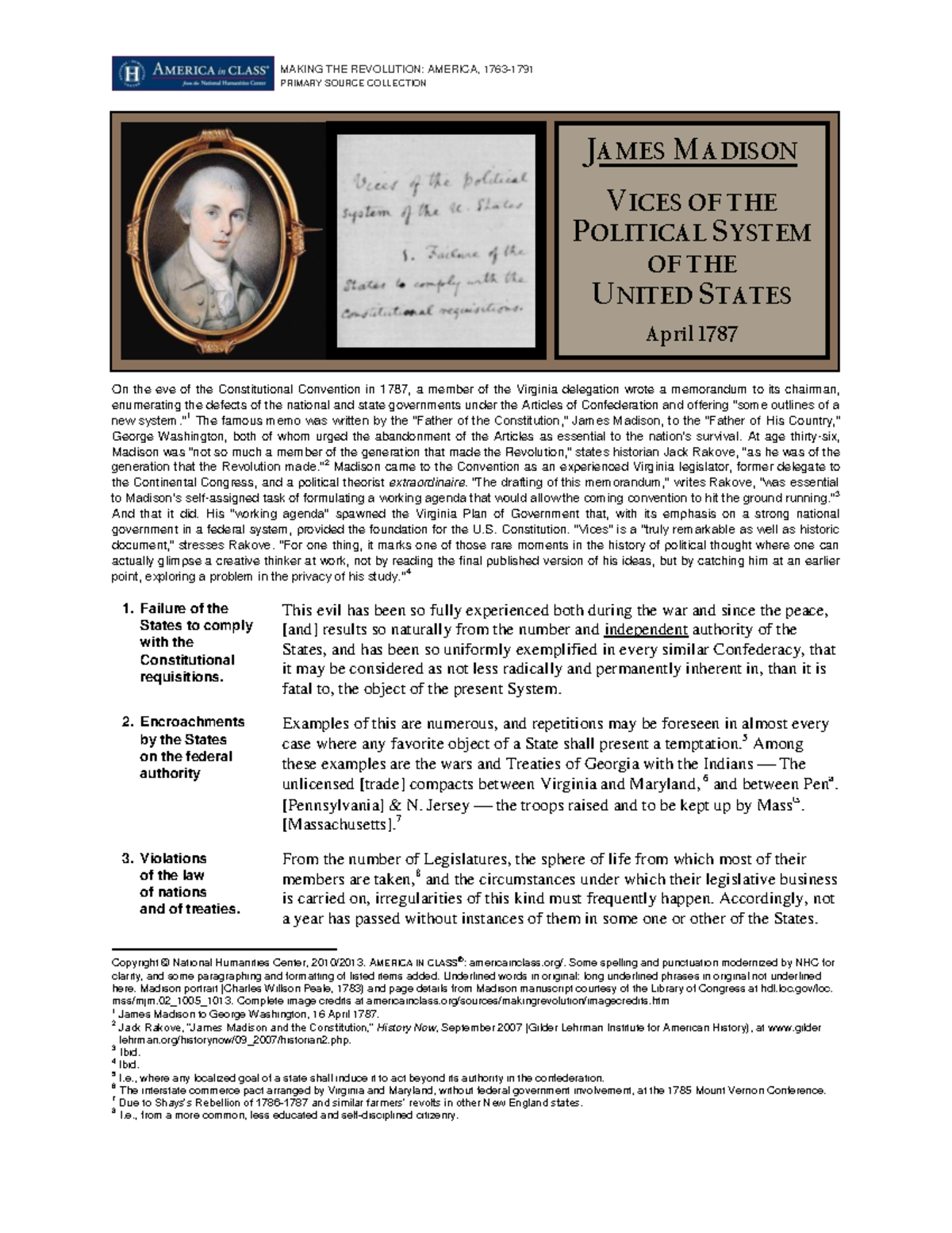 James Madison's "Vices of the Political System" (1787) - Primary Source ...