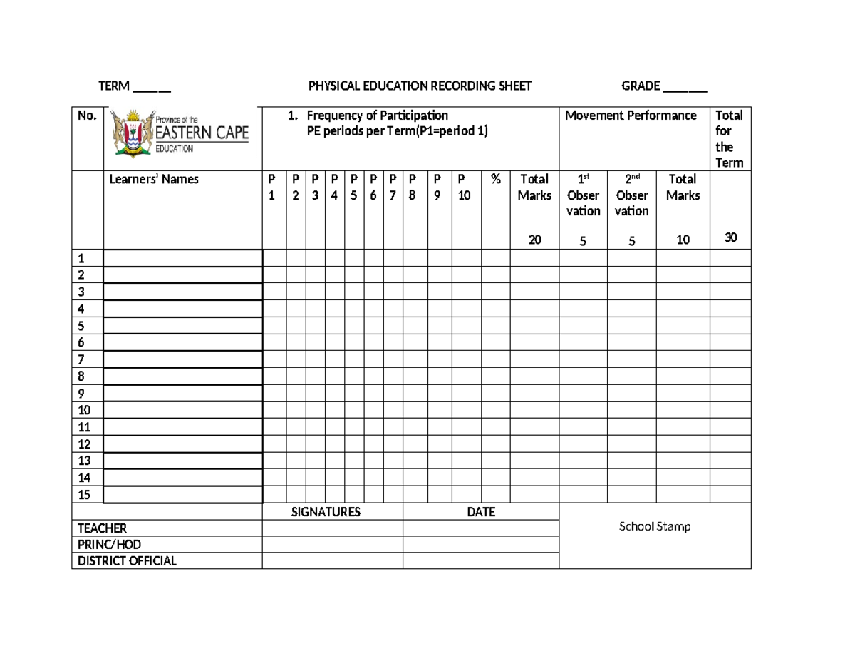 Grade 4-9 Physical Education Term Recording Sheet - Studocu