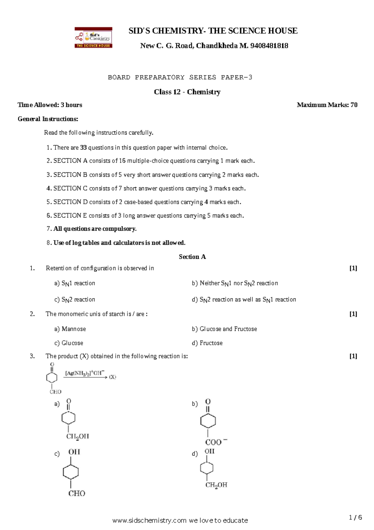 CBSE BPS-3 Class 12 Chemistry Board Preparatory Series Exam Paper - Studocu