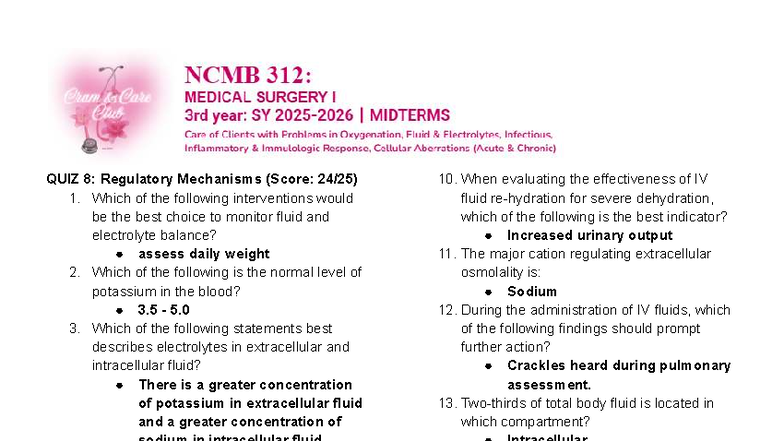 QUIZ 8: Fluid and Electrolyte Regulation Mechanisms (M: 312) - Studocu