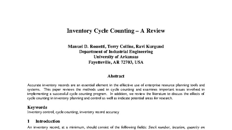 Inventory Cycle Counting: A Comprehensive Review (IE 401) - Studocu