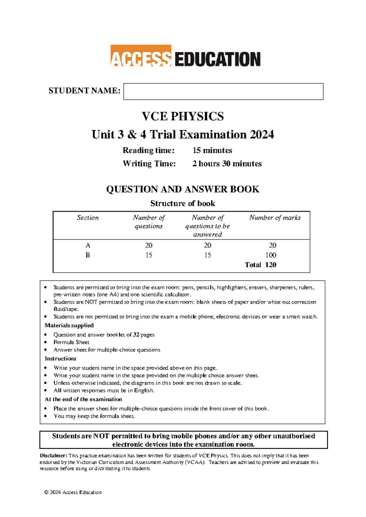 2024 VCE Physics Unit 3/4 Trial Exam - Practice Paper - Studocu