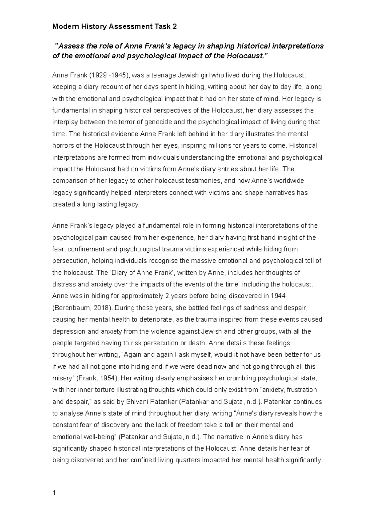 Modern History Assessment Task 2: Anne Frank's Legacy and Its Impact on ...