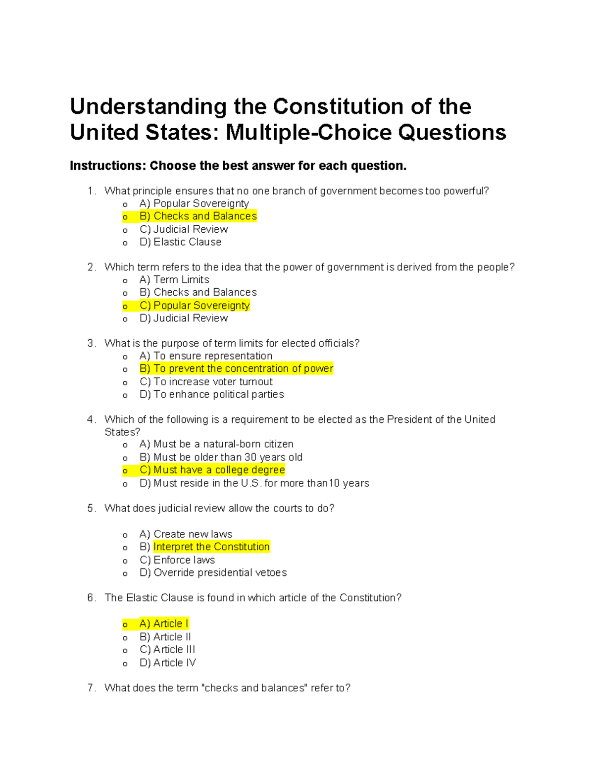 Final Exam Study Guide: Understanding the U.S. Constitution (POL 101 ...