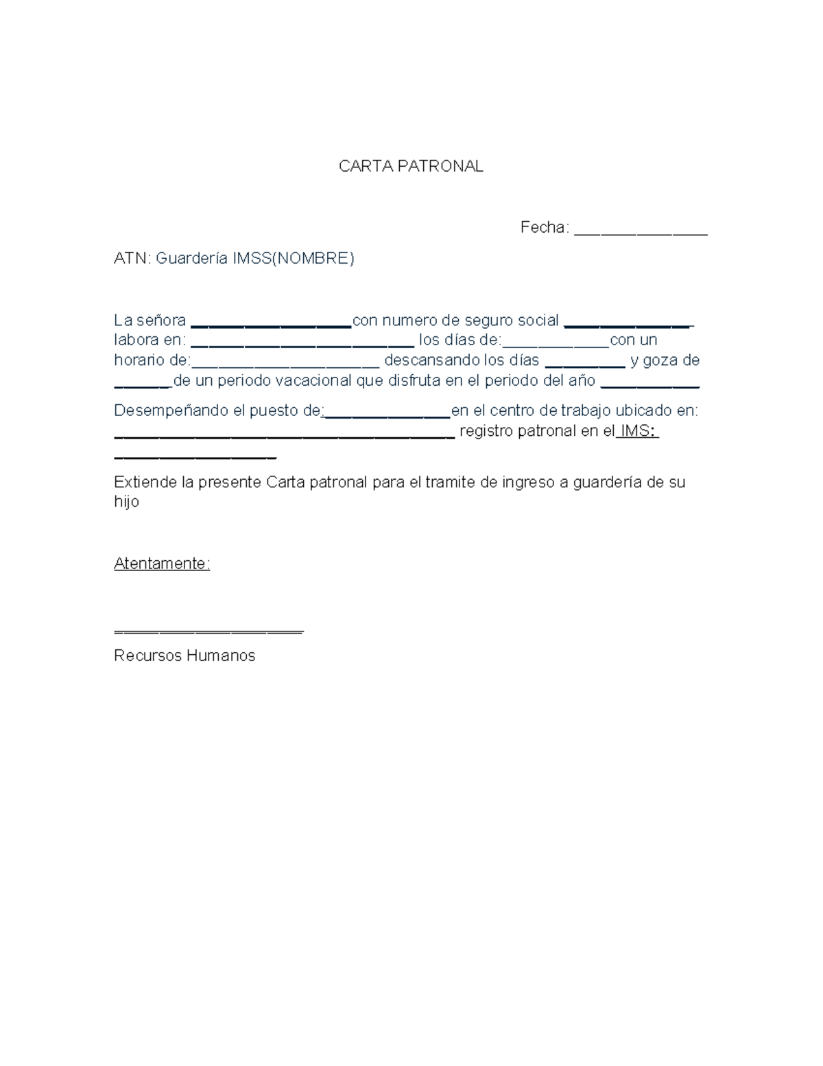 Carta Patronal - Ejemplo - CARTA PATRONAL Fecha: _______________ ATN ...