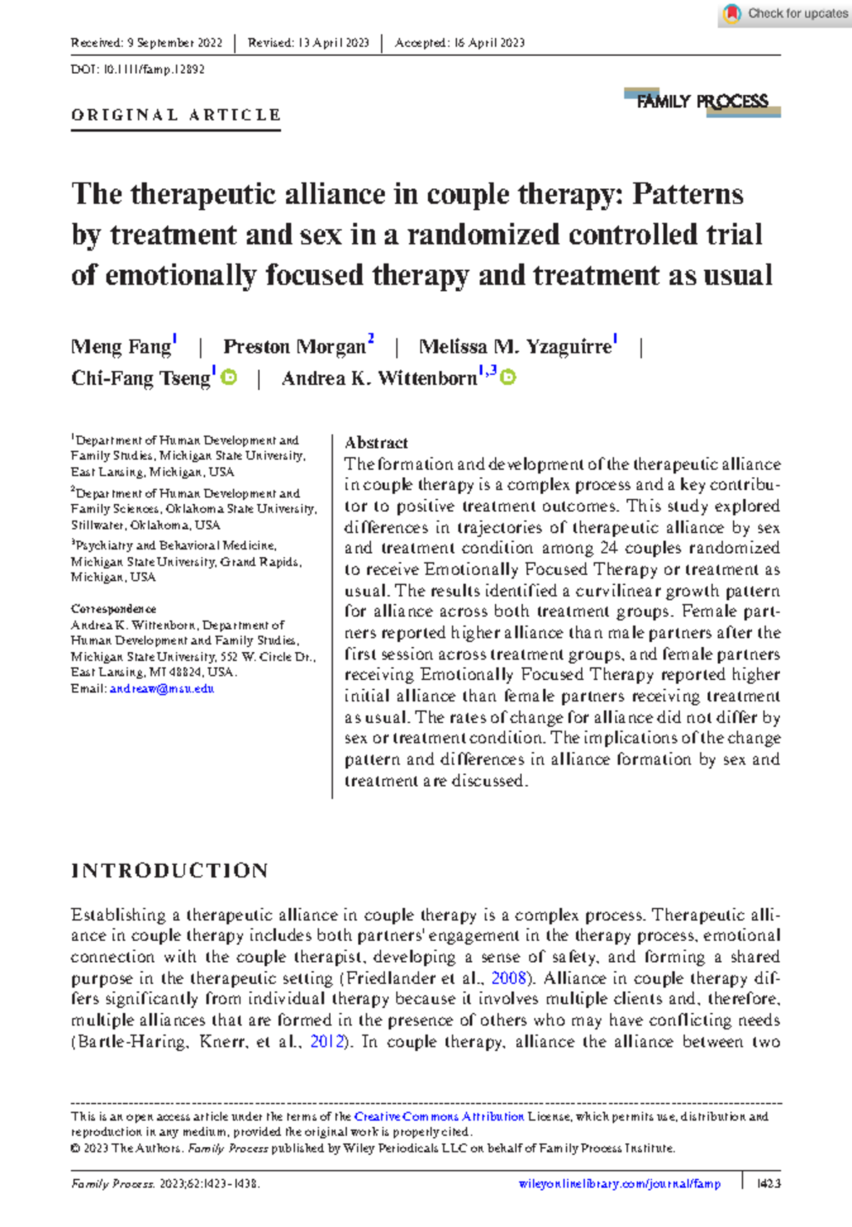 Therapeutic Alliance in Couple Therapy: Patterns by Treatment & Sex ...
