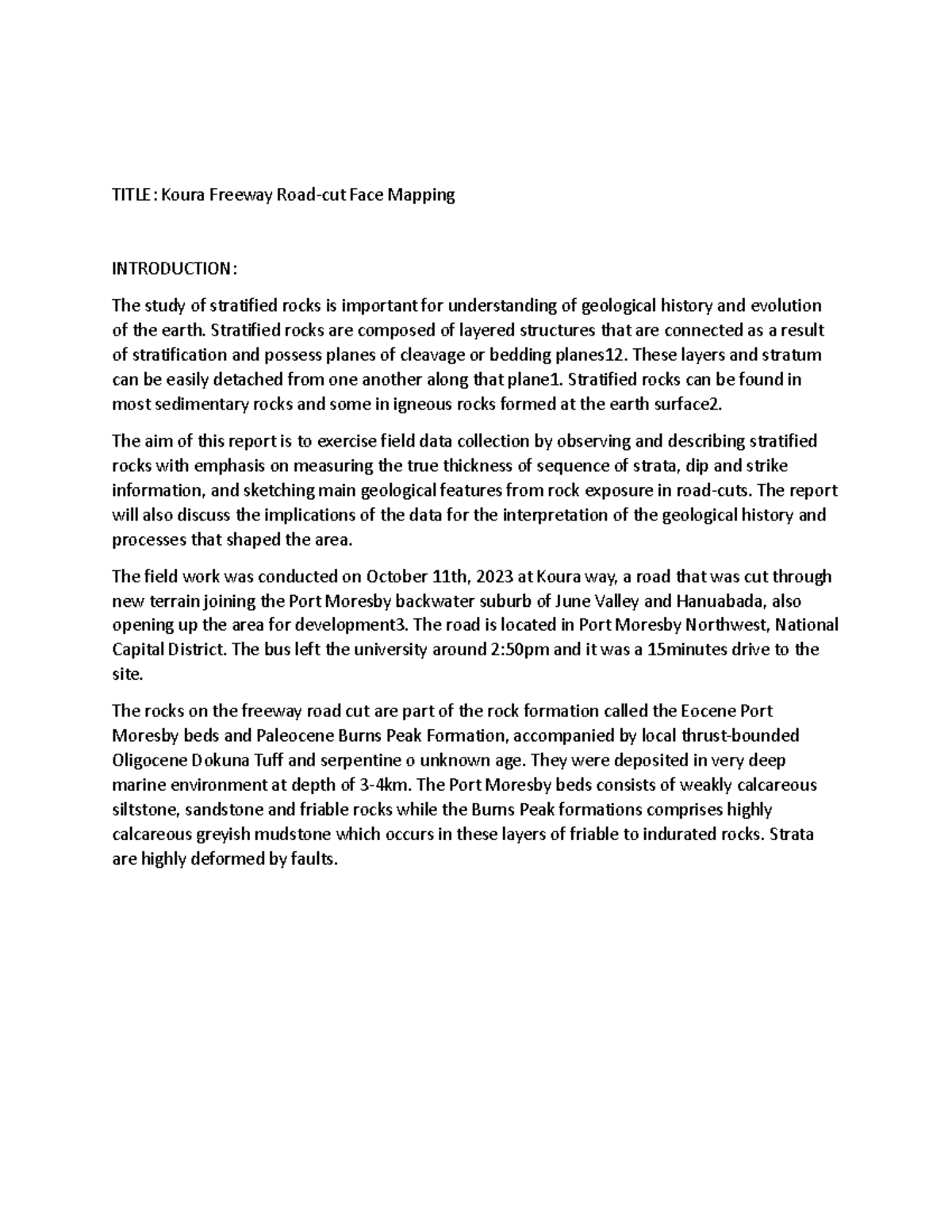 Koura Freeway Geological Study Report: Stratified Rocks Analysis - Studocu