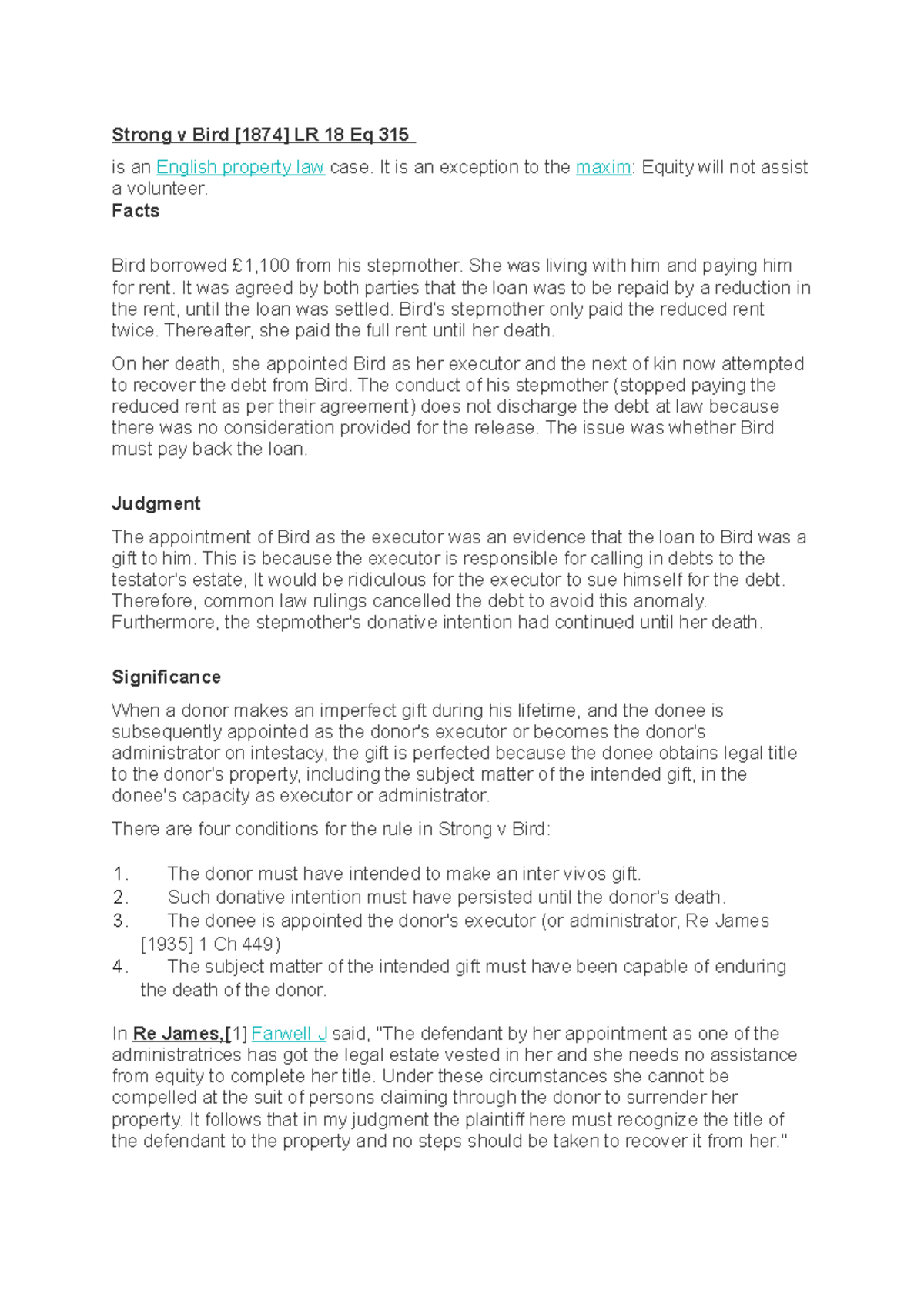 Strong v Bird Case Analysis: Key Facts, Judgment & Significance - Studocu