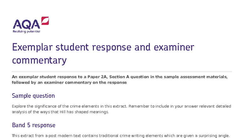 AQA Paper 2A Band 5 Example Response to Crime Extract by Susan Hill ...