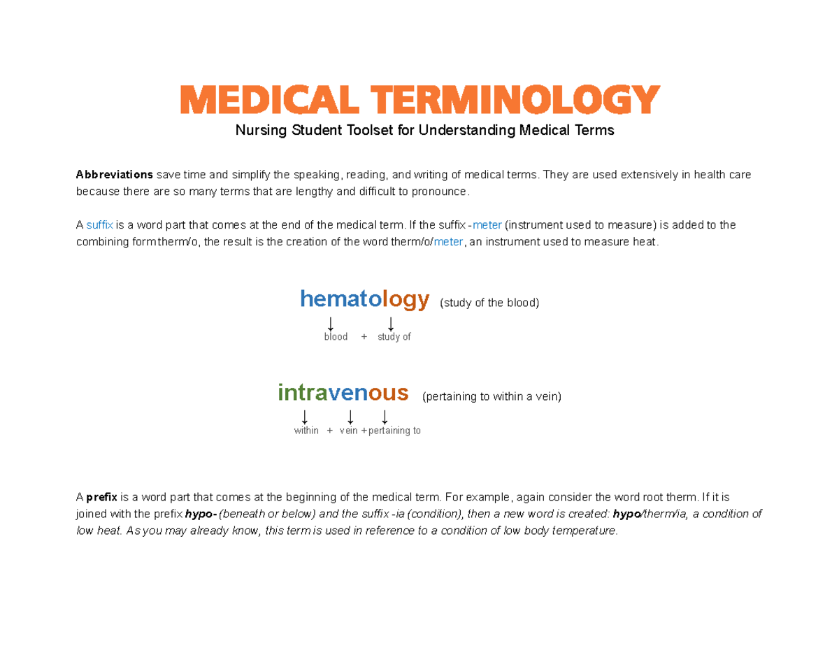 Medical Terminology Cheat Sheet for NR 103 Nursing Students - Studocu