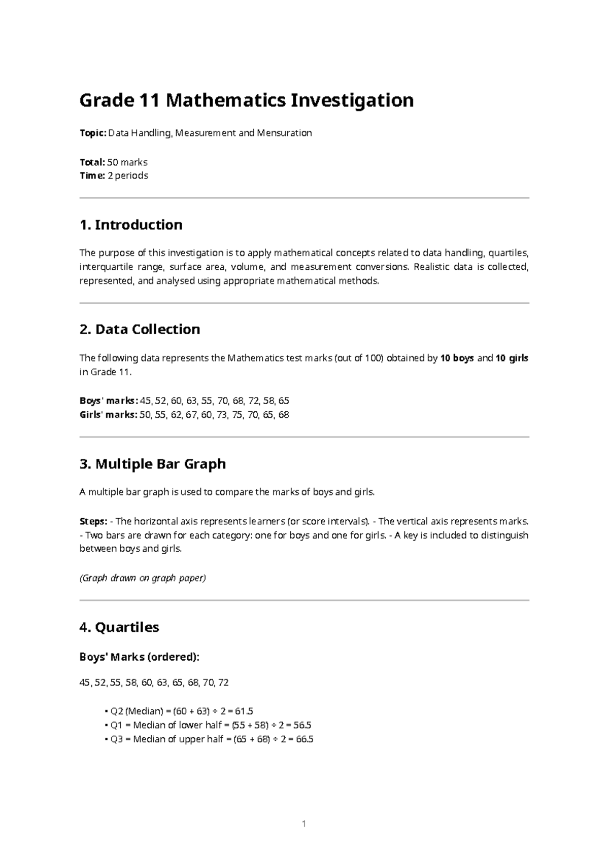 Grade 11 Maths Investigation: Data Handling & Measurement Analysis ...