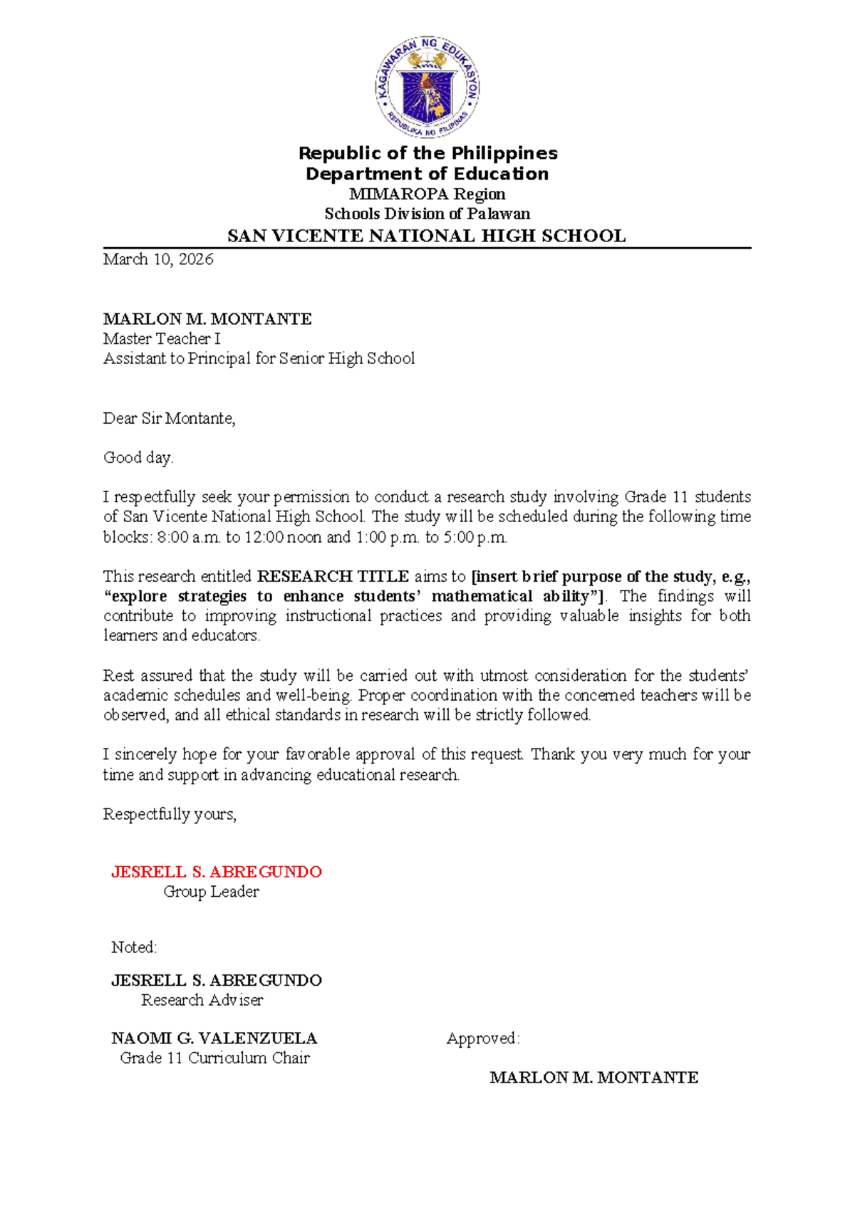 Letter to Conduct a Research Study on Grade 11 Students - Studocu