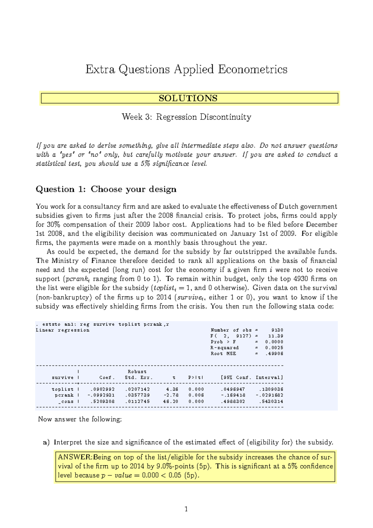 Applied Econometrics (AE) Week 3 Tutorial Solutions on Regression ...