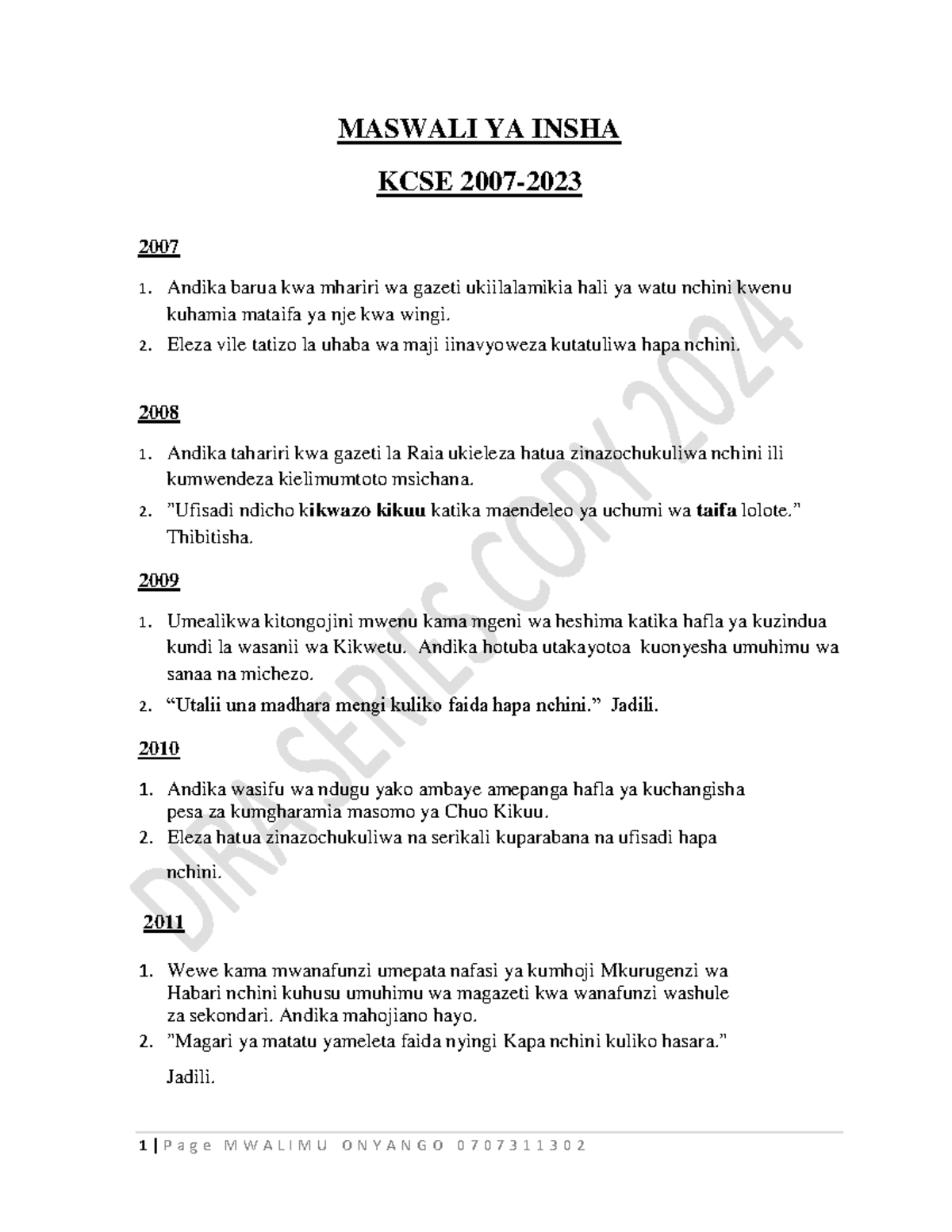 Insha KCSE 2007-2023: Masuala ya Kijamii na Kiuchumi - Studocu