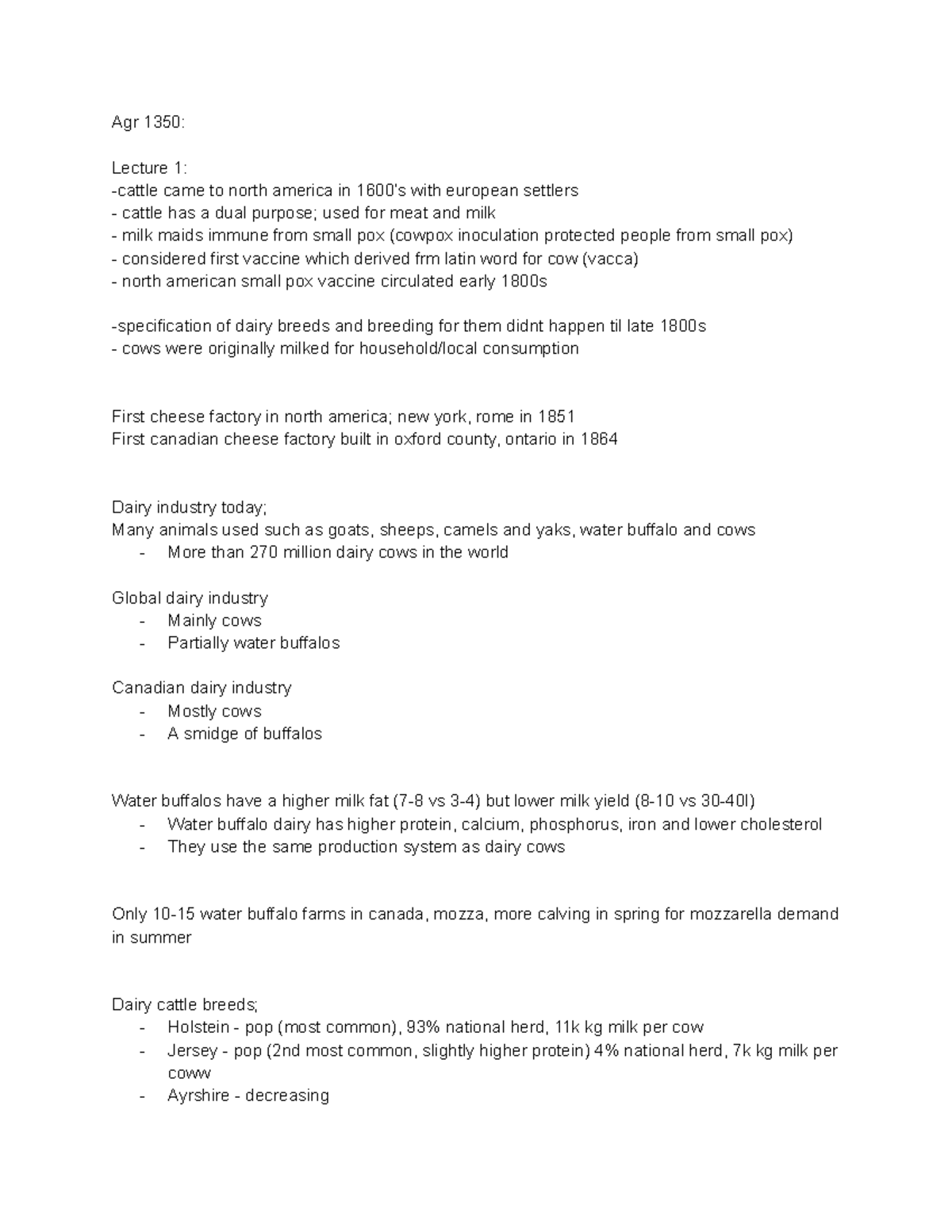 Agr 1350 - Lecture Notes for First Midterm on Dairy Cattle Management ...