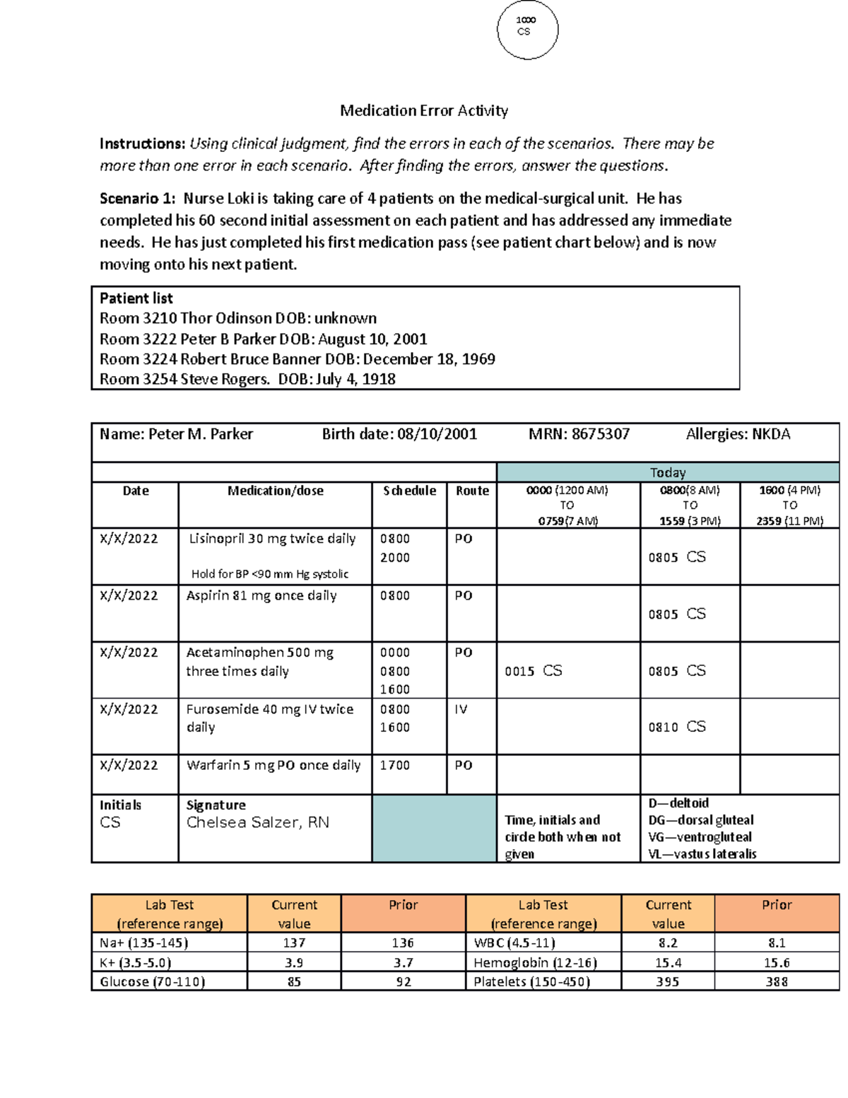 Medication Error Activity W1: Identifying Errors in Scenarios - Studocu