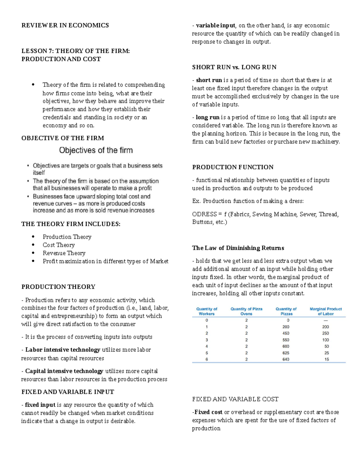 ECON 101: Lesson 7 & 9 - Theory of the Firm, Production & Market ...