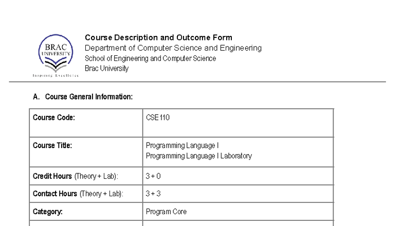 CSE110 - Course module for CSE489 - Course Description and Outcome Form ...