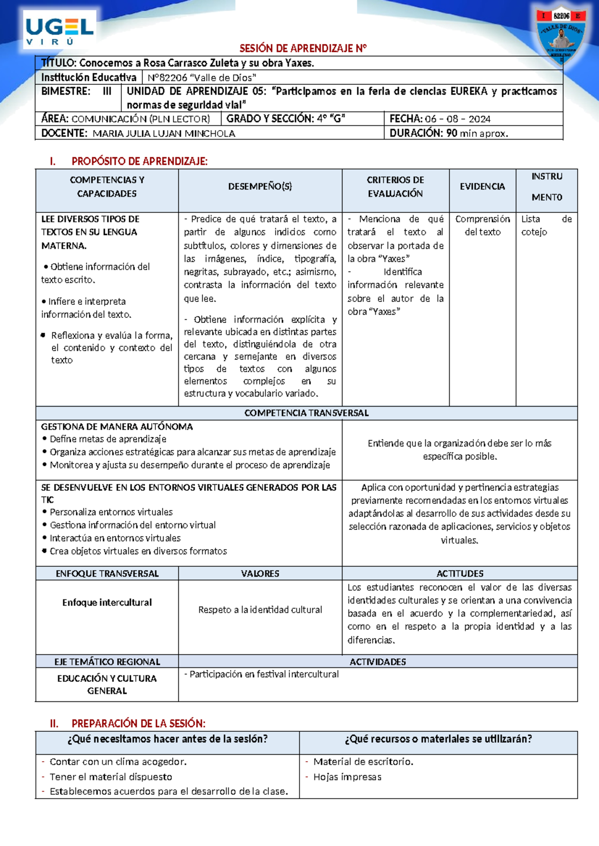Plan Lector: Conociendo a Rosa Carrasco y su Obra "Yaxes" - 4°G - Studocu