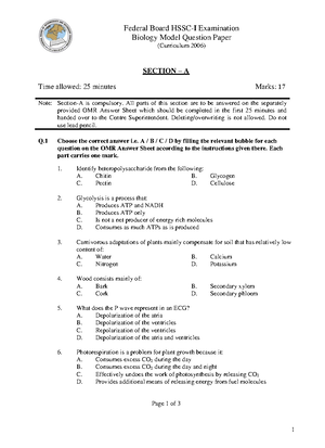 HSSC-I English Solution of Model Question Paper - Answer Sheet No. Sign ...